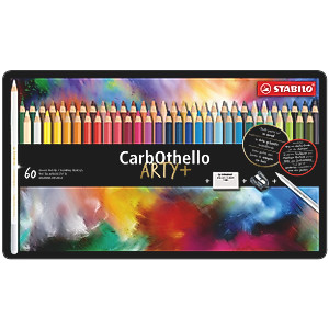 Chalk-Pastel Artist Colored Pencil - STABILO CarbOthello - ARTY+ - Tin Set of 60 Colors + Eraser, Sharpener, Blender - Watercolor Effects, Sketching, Drawing, Coloring