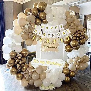 GYESXYW White and Gold Party Decorations, Sandy White Golden Birthday Decorations, Happy Birthday Banner, White Gold Birthday Sash and Confetti Balloons Birthday Decor for Women Girls Men Boys
