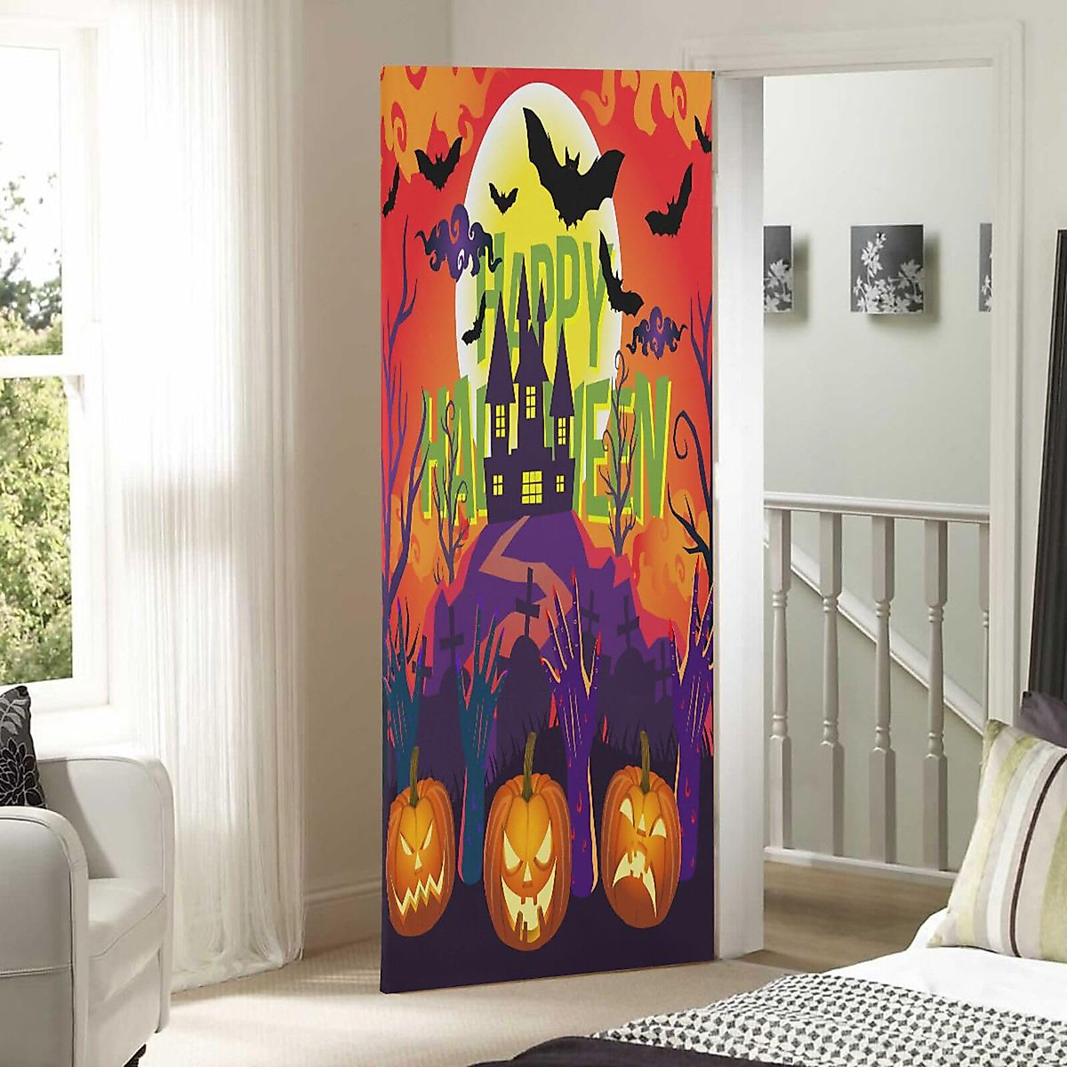 Burbuja Halloween Pattern Door Cover, Stretch Fabric Backdrop Door Porch Covers for Home Party Holidays Decoration, 32x79 in