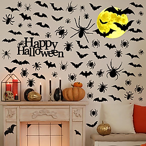 Qeeenar 76 Pcs Halloween Moon Wall Decal Halloween Bat Wall Stickers Vinyl Bat Wall Decals Halloween Removable Halloween Spiders Wall Sticker Halloween Bats Wall Decals Party Decorations, 6 Sheets