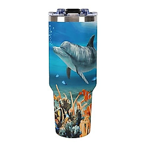 LLUTSNTH 40 Oz Vacuum Tumbler with Light Rose Red Handle Leakproof Insulated Tumbler Dolphins Blue Stainless Steel Travel Mug with Lid And Straw Coffee Cup Cute Water Bottles Cup Holder Friendly