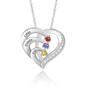 Personalized Engraved Mothers Necklace with 3 birthstones Family Jewelry Sterling Silver Custom Name Necklace Gift for her Sister Grandma Wife (Sterling-Silver)