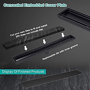 BARONAGE 24-Inch Linear Shower Drain, with 2-in-1 Flat & Tile, Insert Cover Black Brushed 304 Stainless Steel Rectangle Shower Floor Drain Adjustable