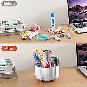 Desk Pencil Pen Holder, 5 Slots 360°Degree Rotating Pencil Pen Organizers for Desk, Desktop Storage Stationery Supplies Organizer, Cute Pencil Cup Pot for Office, School, Home, Art Supply, White