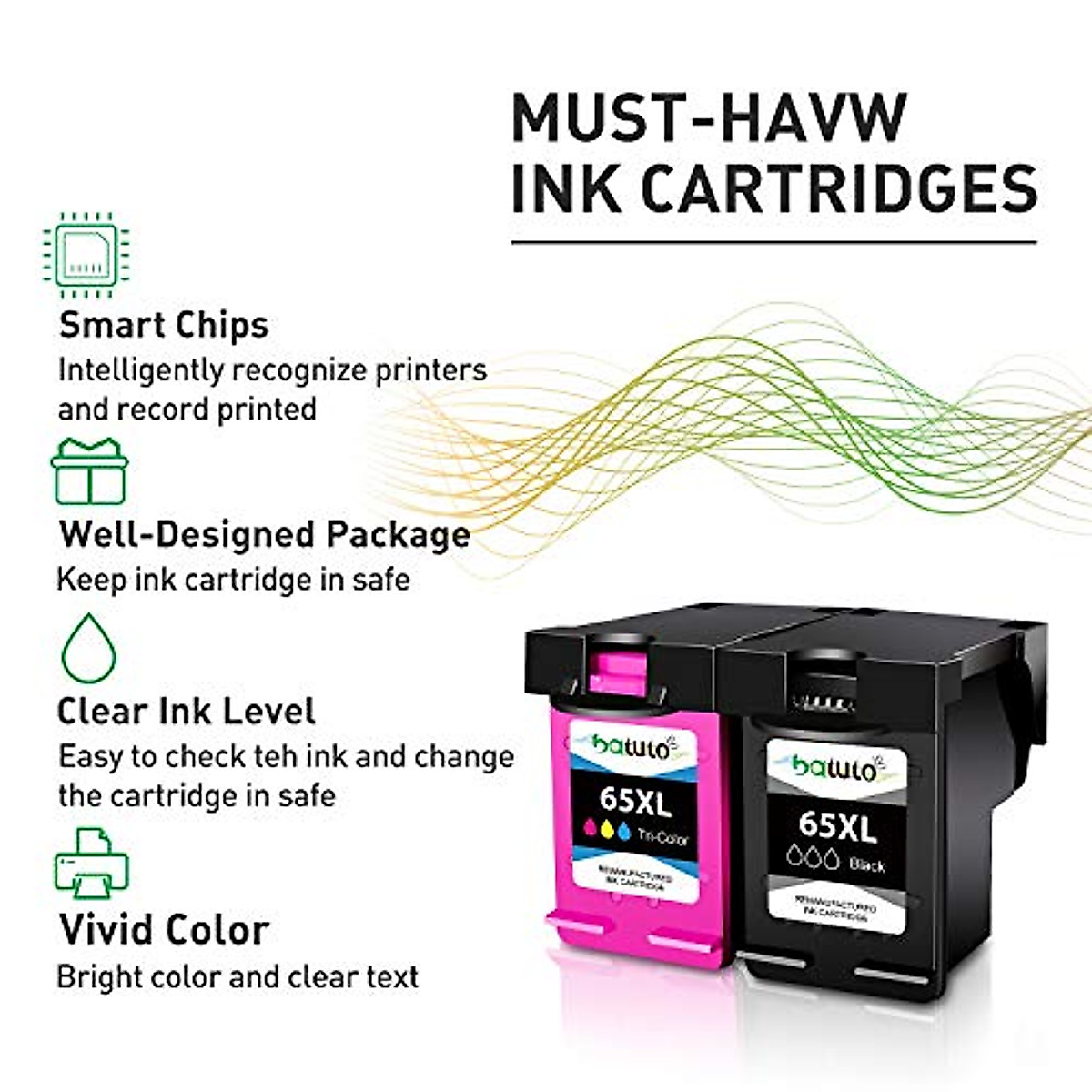 65 Ink Cartridges Black and Color Combo Pack Ink Cartridge Replacement for HP 65 Black Ink Cartridge for DeskJet 3755 2655 3700 3720 3730 3735 2622 2624 2652 Envy 5055 5052 5058 for HP Ink 65