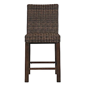 Signature Design by Ashley Paradise Trail Square Bar Table with Fire Pit, Medium Brown & Paradise Trail Outdoor 27.5" Wicker Patio Barstool, 2 Count, Brown