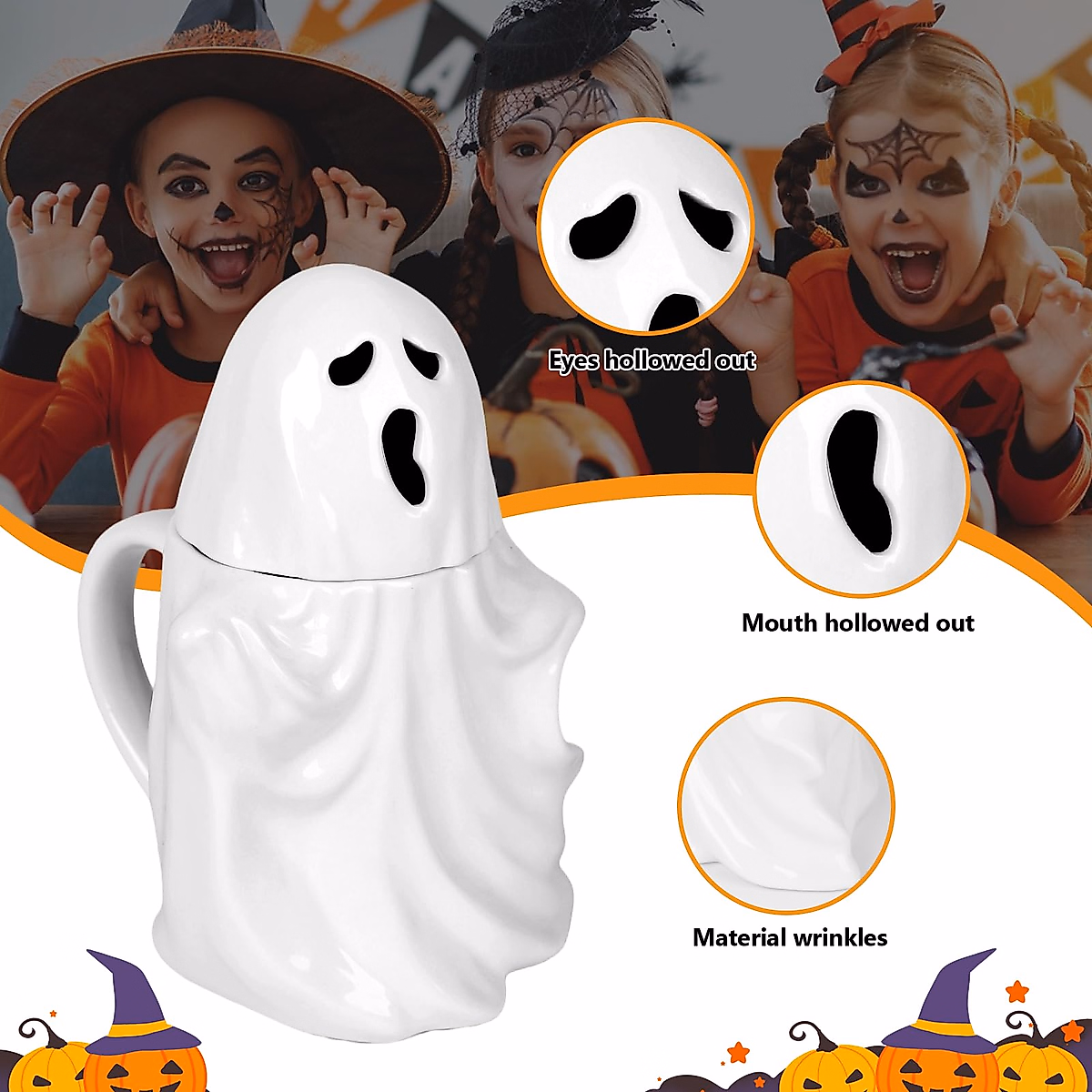 zhqinger Ghost Coffee Mug Halloween Water Cup White Ceramic 15oz/450ml Funny Mugs Novelty Tea Cup with Lid and Handle Gift for Friends Familiers Women Men