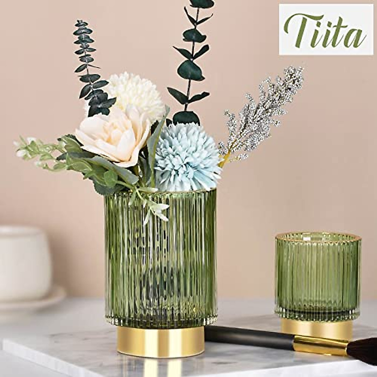 Tiita Glass Makeup Brush Holder Organizer - Crystal Clear Desktop Stationery Storage for Cosmetics, Vintage Style Makeup Brush Cup, Pen and Pencil Holder