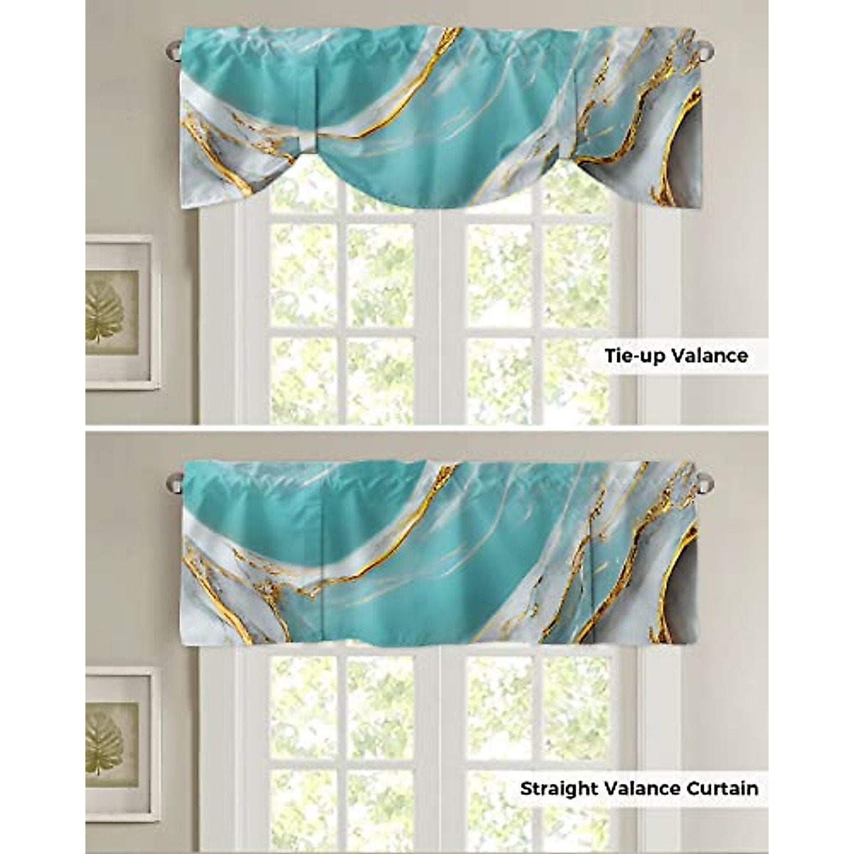 Tie Up Curtain Valance Window Topper 1 Panel 54x18in,Wild Agate Marble Stone Texture Adjustable Rod Pocket Short Window Shade Valances for Kitchen Bedroom Windows,Natural Abstract Aqua White Gold