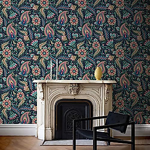 JiffDiff Floral Wallpaper Peel and Stick Vintage Wallpaper Paisley 17.3"x118" Navy Dark Blue/Pink Wallpaper Self Adhesive Contact Paper for Home Bedroom Cabinets Renter Friendly Wallpaper