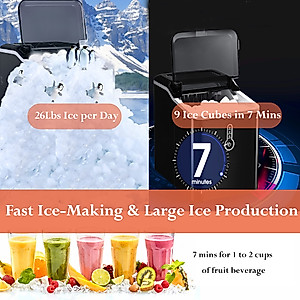 Vestynska 26lbs Ice Maker Countertop, Portable Machine, Self-Cleaning, 9 Cubes Ready in 8 Mins, Mini 1.5L Capacity, Compact Electric Maker, Scoop & Basket, Bullet-Shape, for Camping/RV/Party Black