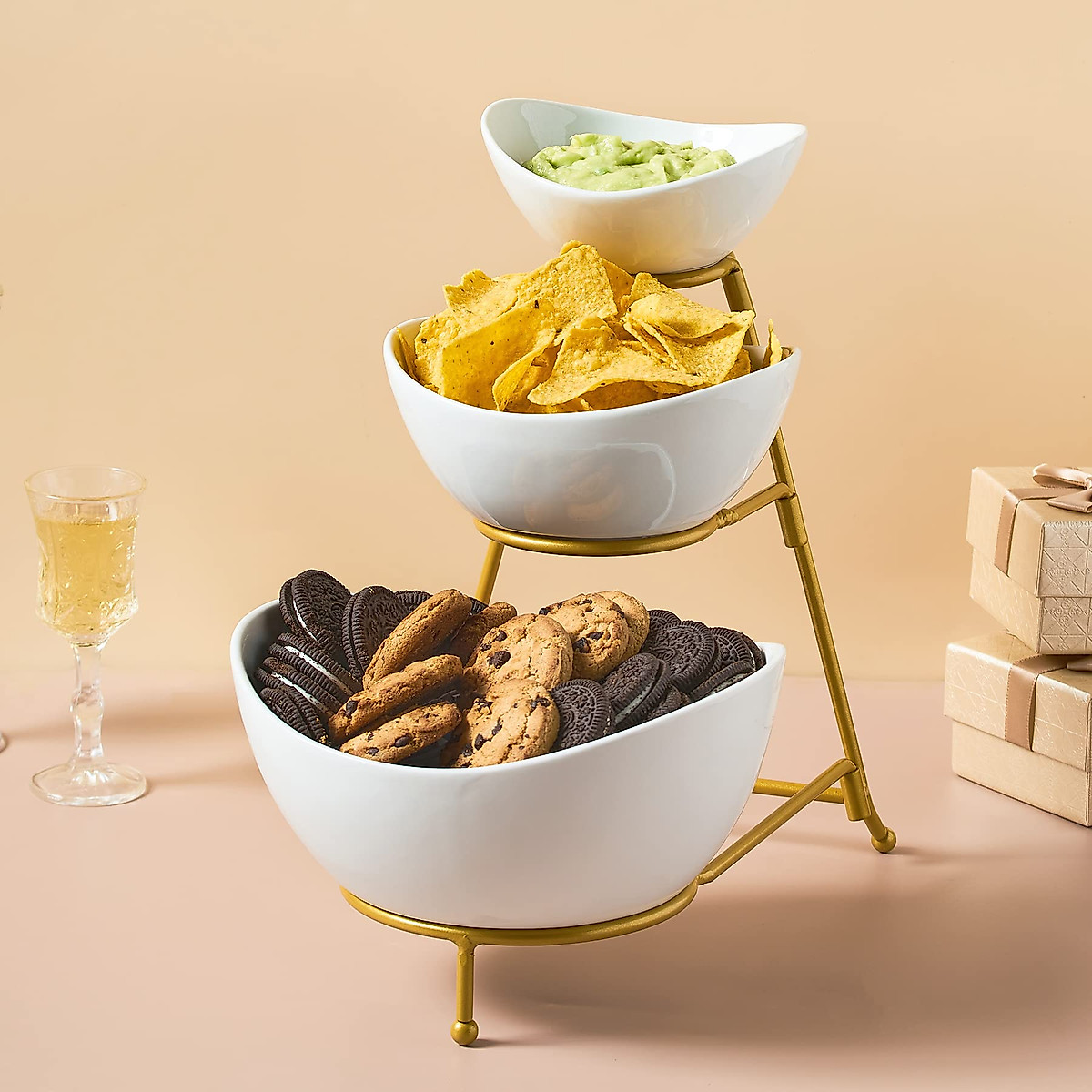LYEOBOH 3 Tier Serving Bowls Set Tiered Serving Stand, Porcelain Oval Bowls with Collapsible Metal Stand for Entertaining, Party, Dessert Display, Candy, Chip and Dip (Gold)