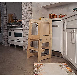 Avenlur Date 4-in-1 Kitchen Tower Montessori and Waldorf Style for Toddlers and Kids 18 Months to 6 Years - The Ideal Counter Stepping Stool with Chalkboard, Desk Table, and Chair All in One