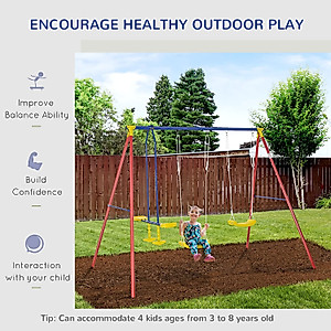 Outsunny Metal Swing Set with Glider, Two Swing Seats and Adjustable Height, Outdoor Heavy Duty A-Frame Suitable for Playground, Backyard, Multi-Color