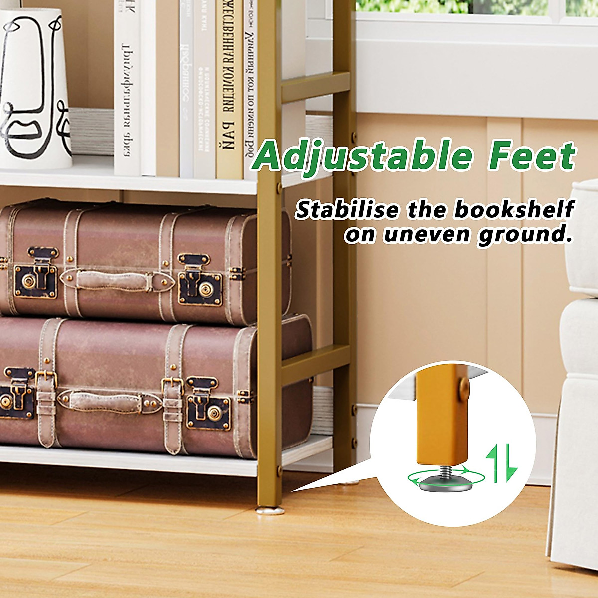 White and Gold Bookshelf, 3 Tier Small Bookcase for Small Spaces, Narrow Gold Bedside Book Shelf, Short Bookshelf Storage Organizer for Bedroom, Living Room, Home, Office, 120 lbs Weight Capacity