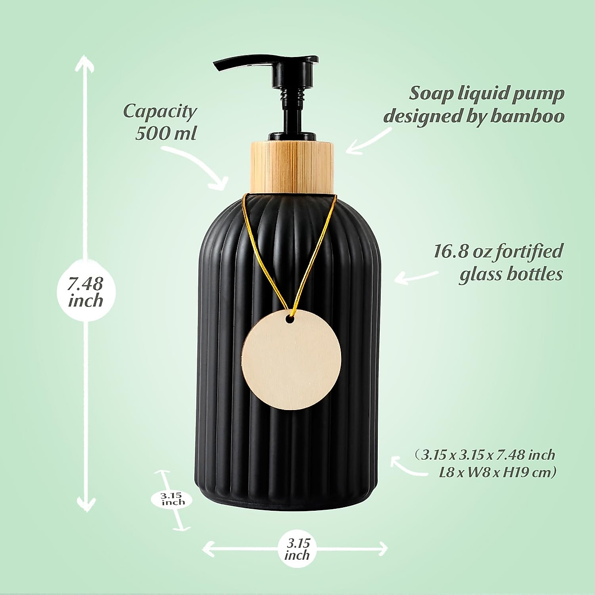 LOOCHICA Do It Yourself 2 Pack Black Glass Soap Dispenser Set with Bamboo Tray, Matte Black Soap Dispenser Suitable for Kitchen Sink, Bathroom, Rustic Kitchen Décor