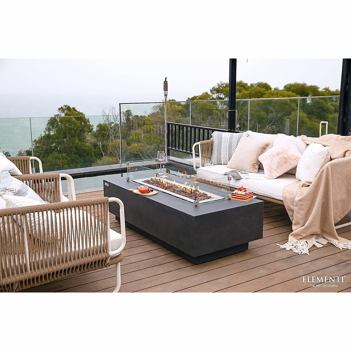 Elementi Granville Gas Fire Pit Cast Concrete Fire Table, Outdoor Fire Pit Electronic Ignition | Canvas Cover, Lava Rock Included | Free AMS Wind Guard & Table-top Firepit | Dark Gray (Natural Gas)