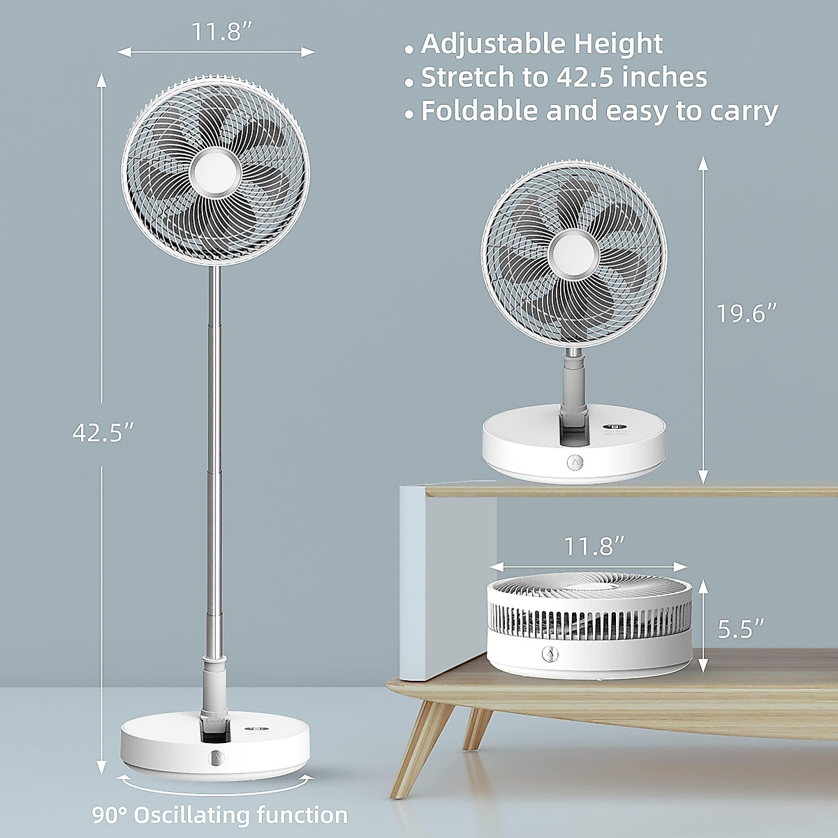 CooCoCo 12" Foldable Rechargeable Fan, Portable Travel Fan, Height Adjustable Oscillating Fan with Remote Control, Cordless Quiet, Standing Fan for Bedroom, Home, Office, Dorm