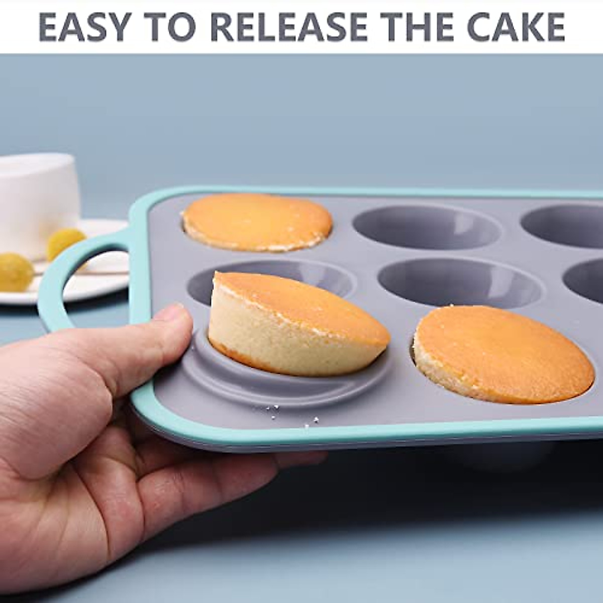 COOKSTYLE Silicone Muffin Pan, 12 Cups, Gray Blue Pink, BPA Free, Dishwasher Safe, Nonstick, Perfect for Baking Cakes, Cupcakes, Cookies