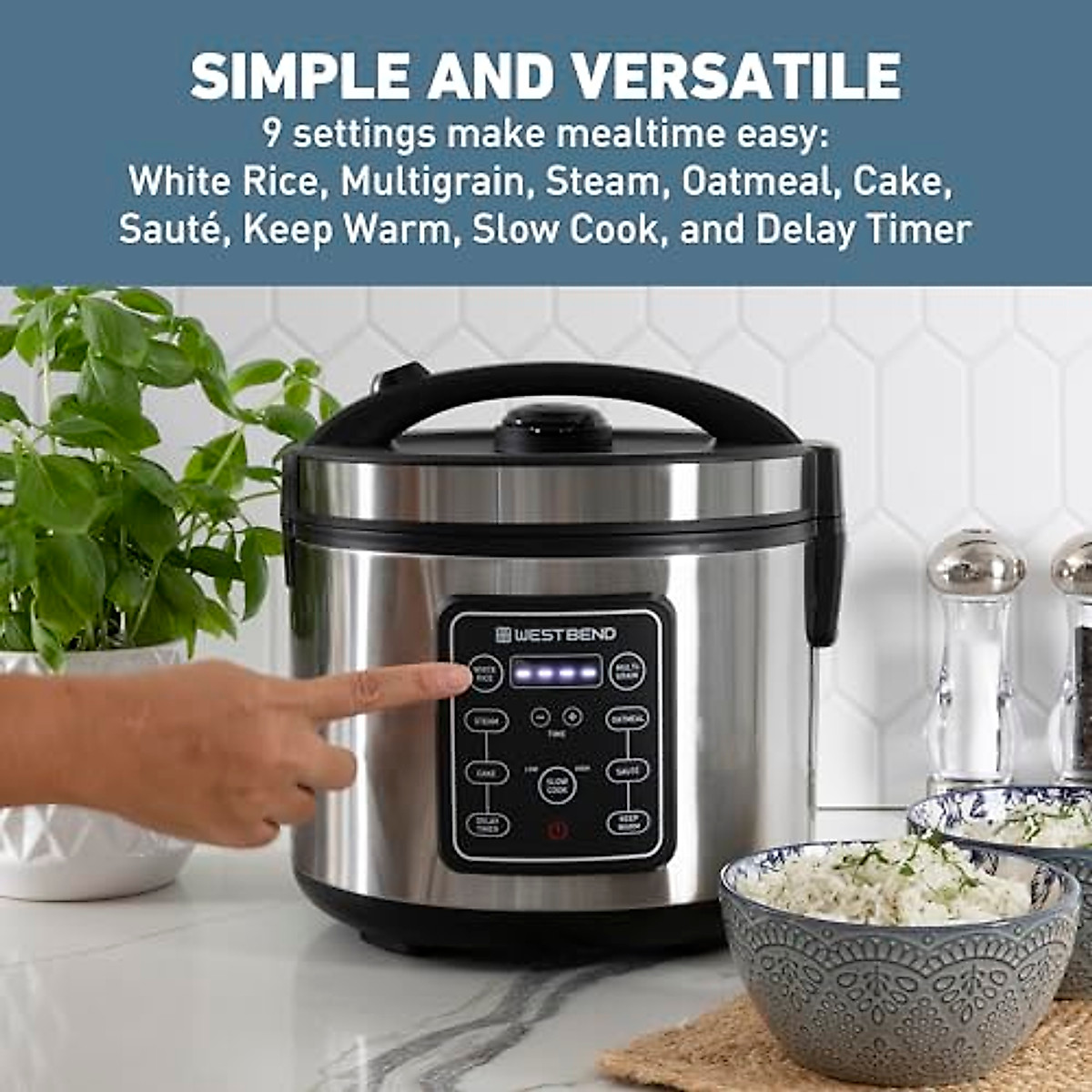 West Bend Rice & Grain Multi Cooker Programmable with 9 Preset Functions, Features Delay Start and Keep Warm Functions and Steam Basket, 20 Cups Cooked, Stainless Steel