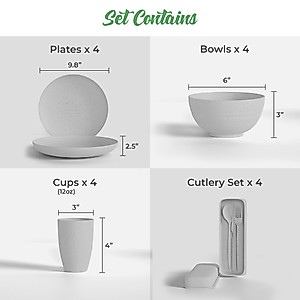 GREENDISH Wheat Straw Dinnerware Set 24-Piece - Cups, Plates and Bowls Sets for 4 with Reusable Cutlery Utensils - Unbreakable Wheatstraw Plastic Dinnerware Set with Fork Spoon Knife - Dishwasher Safe