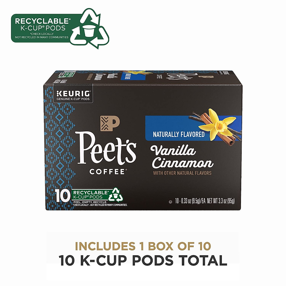 Peet’s Coffee, Vanilla Cinnamon - Flavored Coffee, 10 K-Cup Pods for Keurig Brewers (1 box of 10 pods), Light Roast