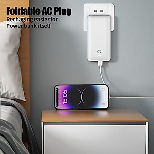 10000mAh Portable Charger, Q Slim USB C Power Bank, 4 Output 2 Input External Battery Pack with Built-in Cabels AC Wall Plug, Compatible with iPhone Samsung etc