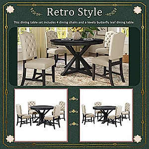 Dinehome 5-Piece Retro Style Wooden Extendable Round Dining Table Set with 4 Upholstered Chairs, Espresso