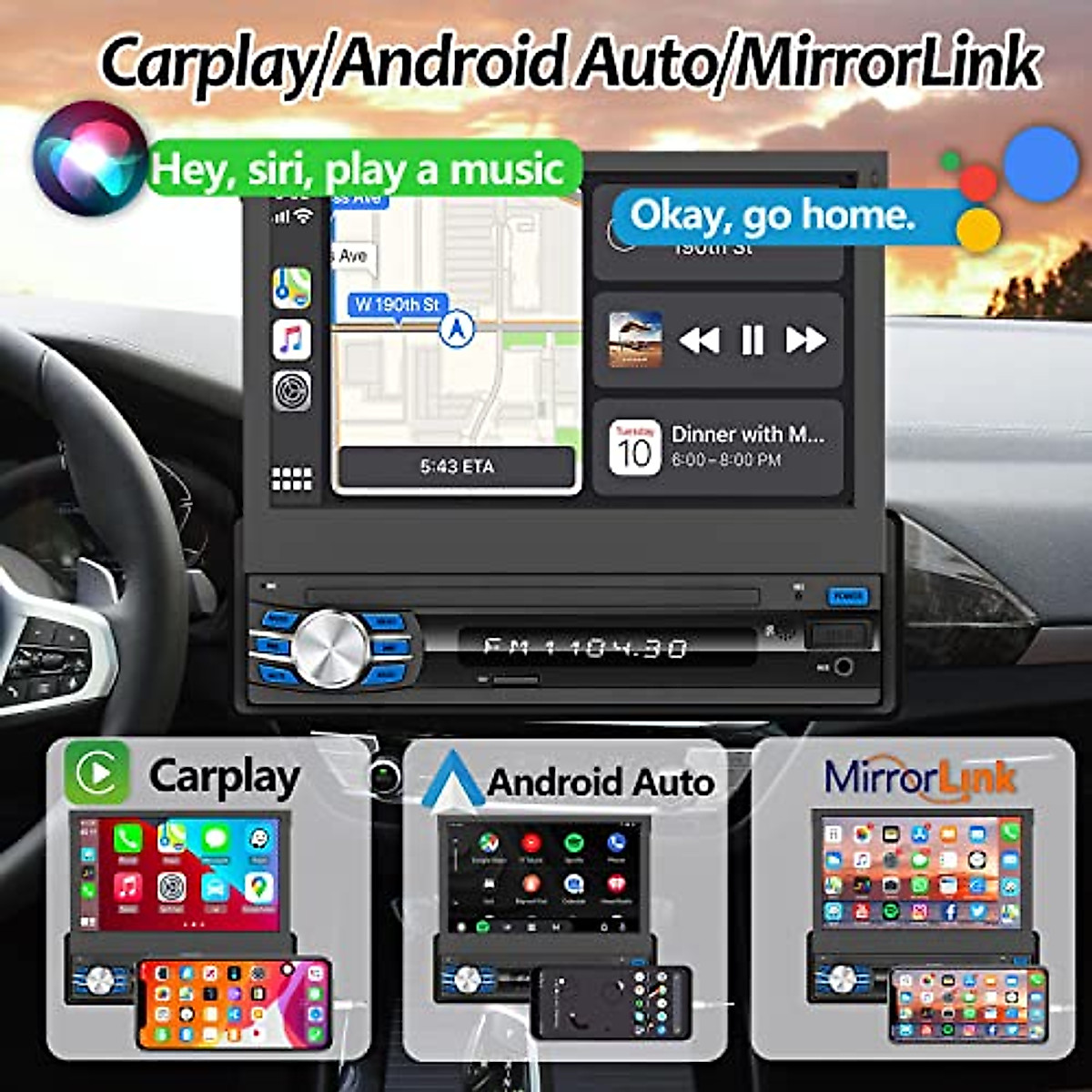 Single Din Car Stereo Compatible with Apple Carplay Android Auto, 7inch HD Flip Out Screen Car Stereo with Bluetooth, Single Din Touchscreen Car Stereo Car Audio Receivers, FM/USB/AUX/TF/Subwoofer
