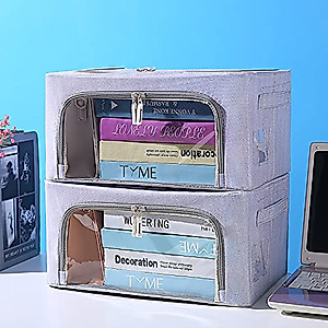 Foldable Clothes Storage Bins 2 Pack, Stackable Metal Frame Clothing Storage Box, Oxford Fabric Organizer Set with Clear Windows&Sturdy Carry Handles(22L,Light Grey)