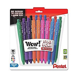Pentel Wow! Retractable Ballpoint Pen, (1.4mm) Bold Line, Assorted Ink Colors, 18 Pack
