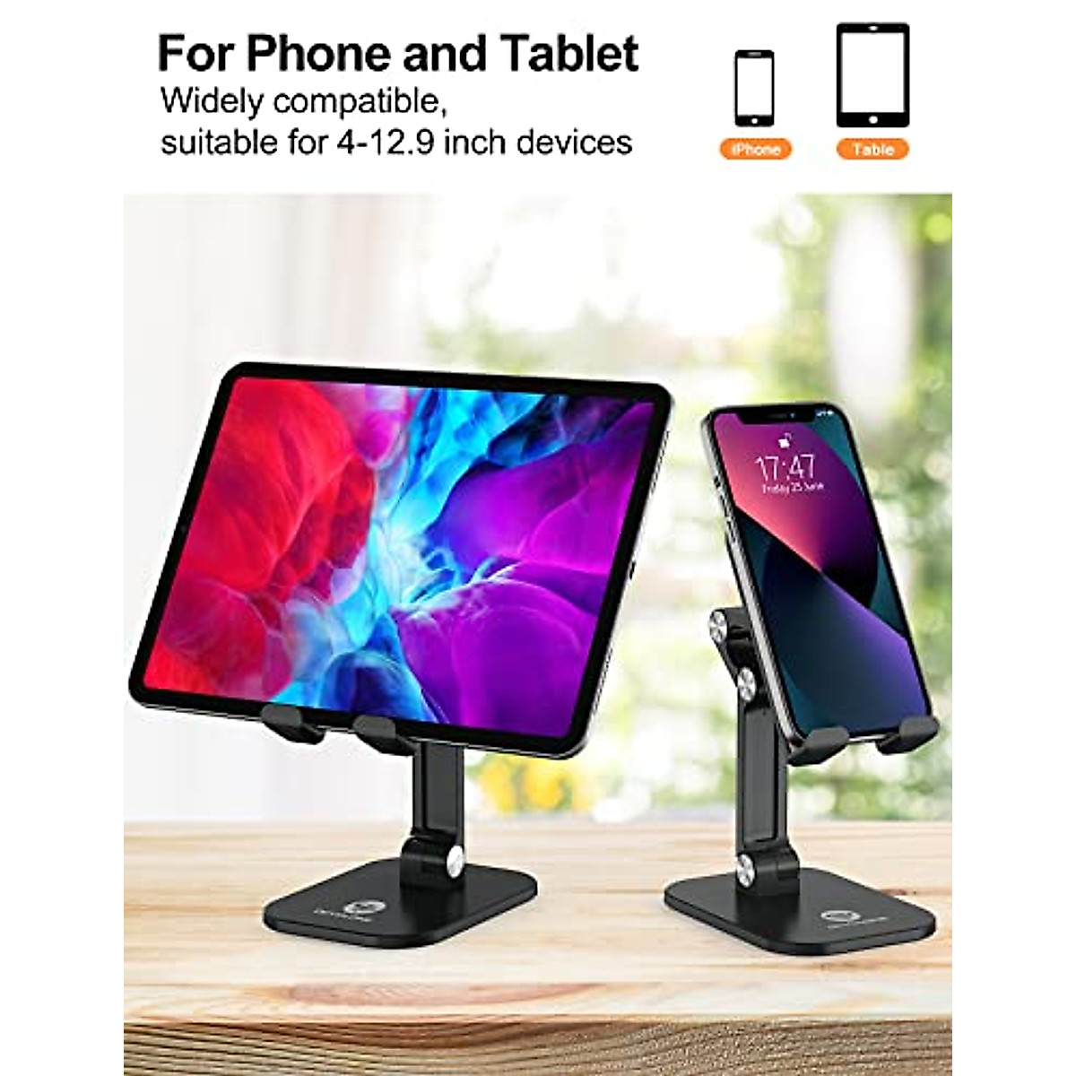 OCYCLONE Cell Phone Stand, iPad Stand, Adjustable Height and Angle Phone Stand for Desk, Foldable Phone Holder, Taller iPhone Stand Compatible for 4-11 Inch All Mobile Phone/iPad/Tablet - Black
