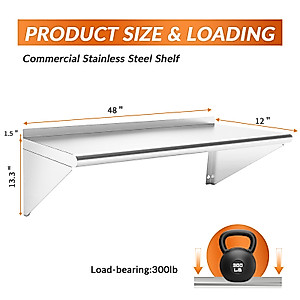 HOCCOT Commercial Stainless Steel Shelf 12 x 48” 2 Pack, Wall Mounted Food Service Storage Rack Shelves, Heavy Duty 300 lb Metal Shelf for Kitchen, Restaurant, Food Truck, Garage, Laundry Room