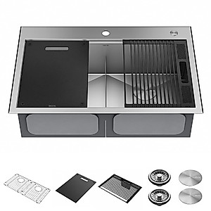 DELTA FAUCET Rivet 33-Inch Workstation Kitchen Sink Drop-In Top Mount 16 Gauge Stainless Steel 50/50 Double Bowl with WorkFlow Ledge and Chef’s Kit of 8 Accessories, 95A931-33D-SS