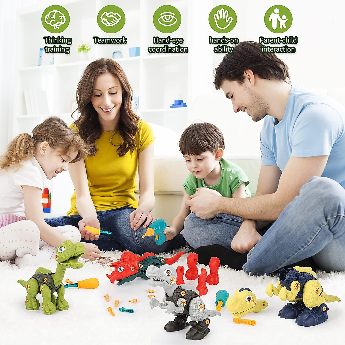 Rabing Dinosaur Toys for Boys 3 4 5 Years Old, Take Apart Dinosaur Building Toys with Electric Drill 4 Packs, Dinosaur Toys Set Educational STEM Gift Toy for Kids Boys Girls 3+ Years Old