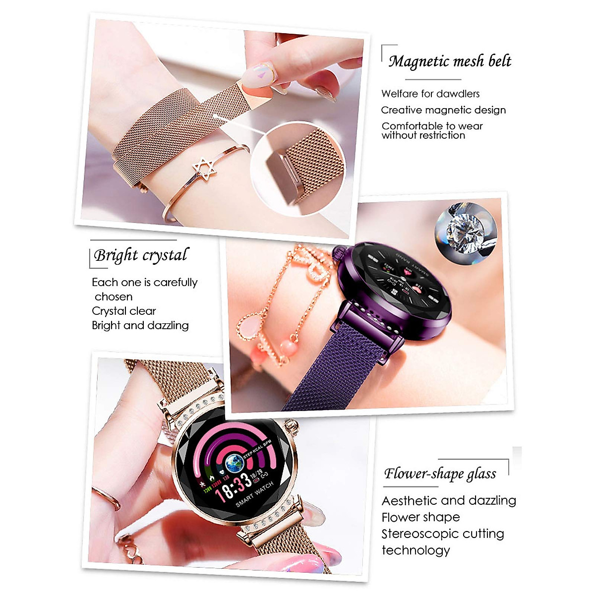 Smart Watches are Suitable for Android and iOS Phones, Sports Smart Watches with Blood Pressure and Heart Rate Monitoring, pedometers with Message Notifications (Bright Purple)