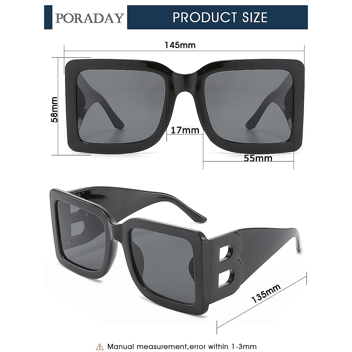 PORADAY Fashion Large Square Sunglasses for Women Men Trendy Black Thick Frame Luxury Designer Sun Glasses Modern Big Frame (Black/Grey)