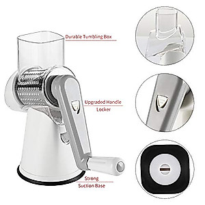 Rotary Cheese Grater Cheese Shredder - Cambom Round Mandoline Slicer Vegetable Slicer Walnuts Grinder with Strong-Hold Suction Cup Base and Cleaning Brush
