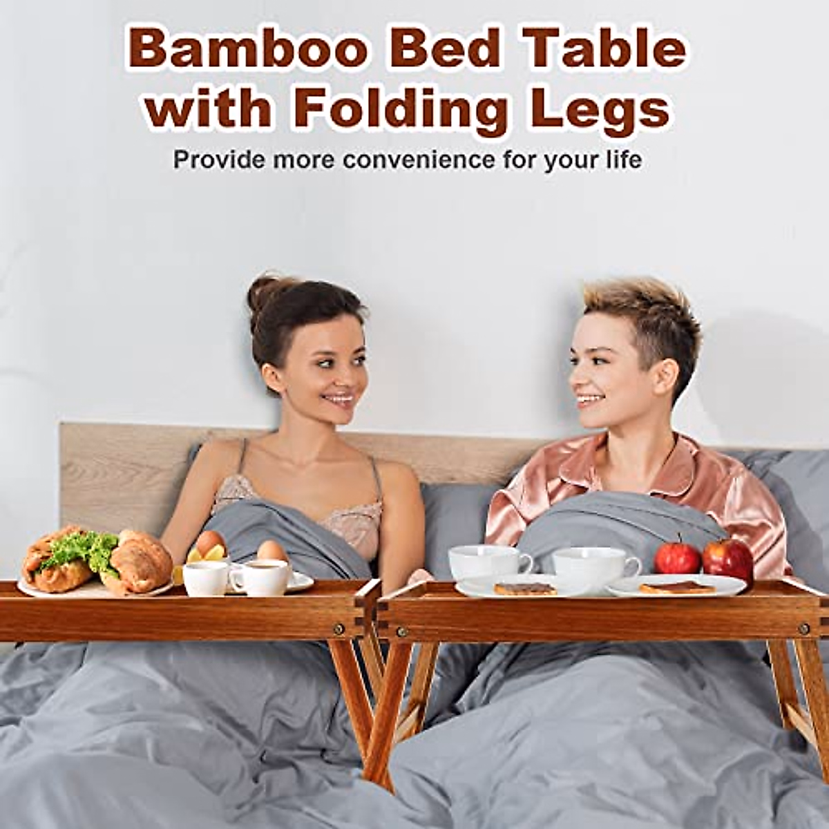 3 Pcs Acacia Bed Table Tray with Folding Legs and Handles Wooden Breakfast Tray Lap Snack Serving Tray Wood Laptop Desk for Eating Drawing Working Studying Dinner Bedroom Sofa Couch Kids Adults