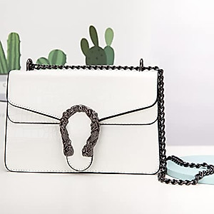 GLOD JORLEE Women's Stylish Chain Strap Crossbody Shoulder Bags - Classic Stone Crocodile Pattern Leather Square Flap Handbag (White)