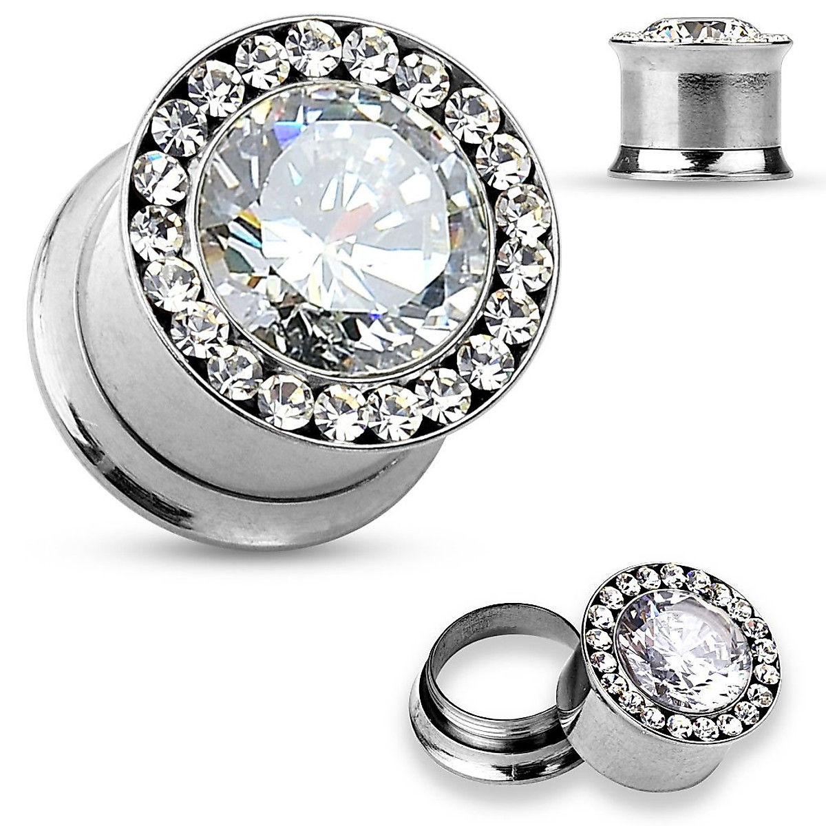 blue palm jewelry Pair of 00 Gauge 10mm CZ Centered CZ Rim Surgical Steel Double Flared Screw FE37