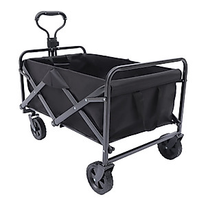 Folding Wagon Cart, Rubber Wheel Collapsible Heavy Duty Utility Beach Wagon with 5" Rubber Wheels Adjustable Handle and 2 Cup Holders for Outdoor Activities Beach Camping Garden