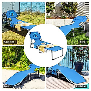 Goplus Tanning Chair, Folding Beach Lounge Chair with Face &Arm Hole, 5-Position Adjustable,Removable Pillow,Side Pocket, Sunbathing Chair, Portable Outdoor Lounge Chair for Patio Pool Lawn (1, Navy)