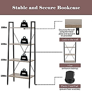 LuxenHome 4 Tier Ladder Bookshelf, 58'' Modern Leaning Bookshelf, Solid Real Wood Bookcase, Rustic Shelves with Industrial Metal Frame, Tall Wide Bookshelf Storage for Classroom, Light-Oak