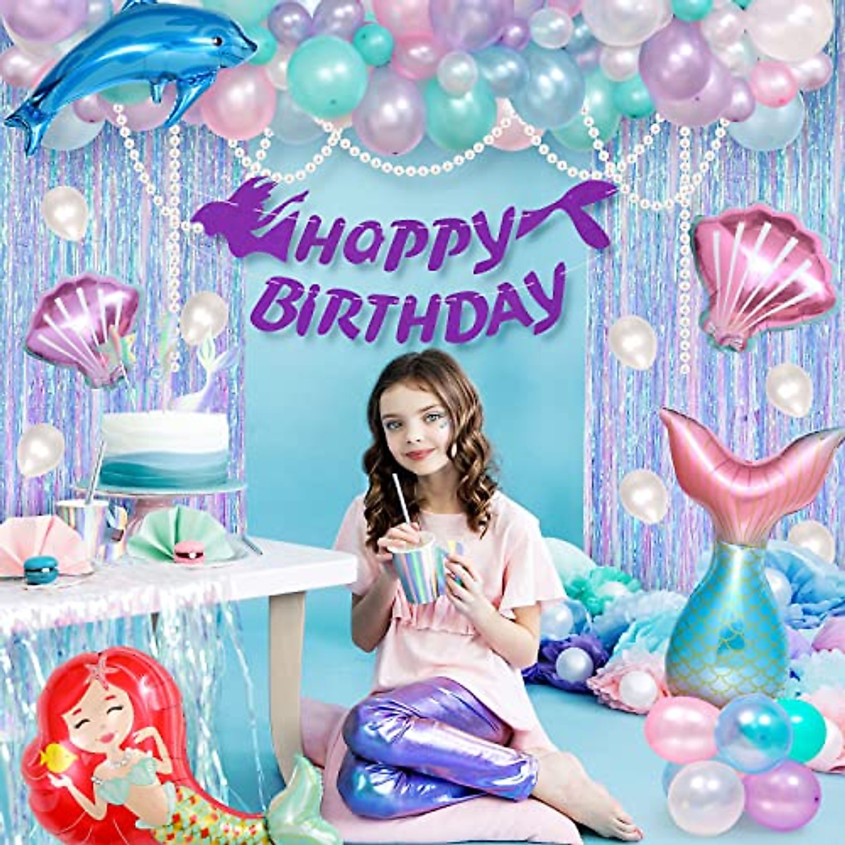 Winrayk 102Pcs Little Mermaid Birthday Decorations Party Supplies Girl Mermaid Balloon Arch Fringe Curtain Pearl String Birthday Banner Dolphin Shell Mermaid Tail Ocean Ariel Mermaid Party Decorations