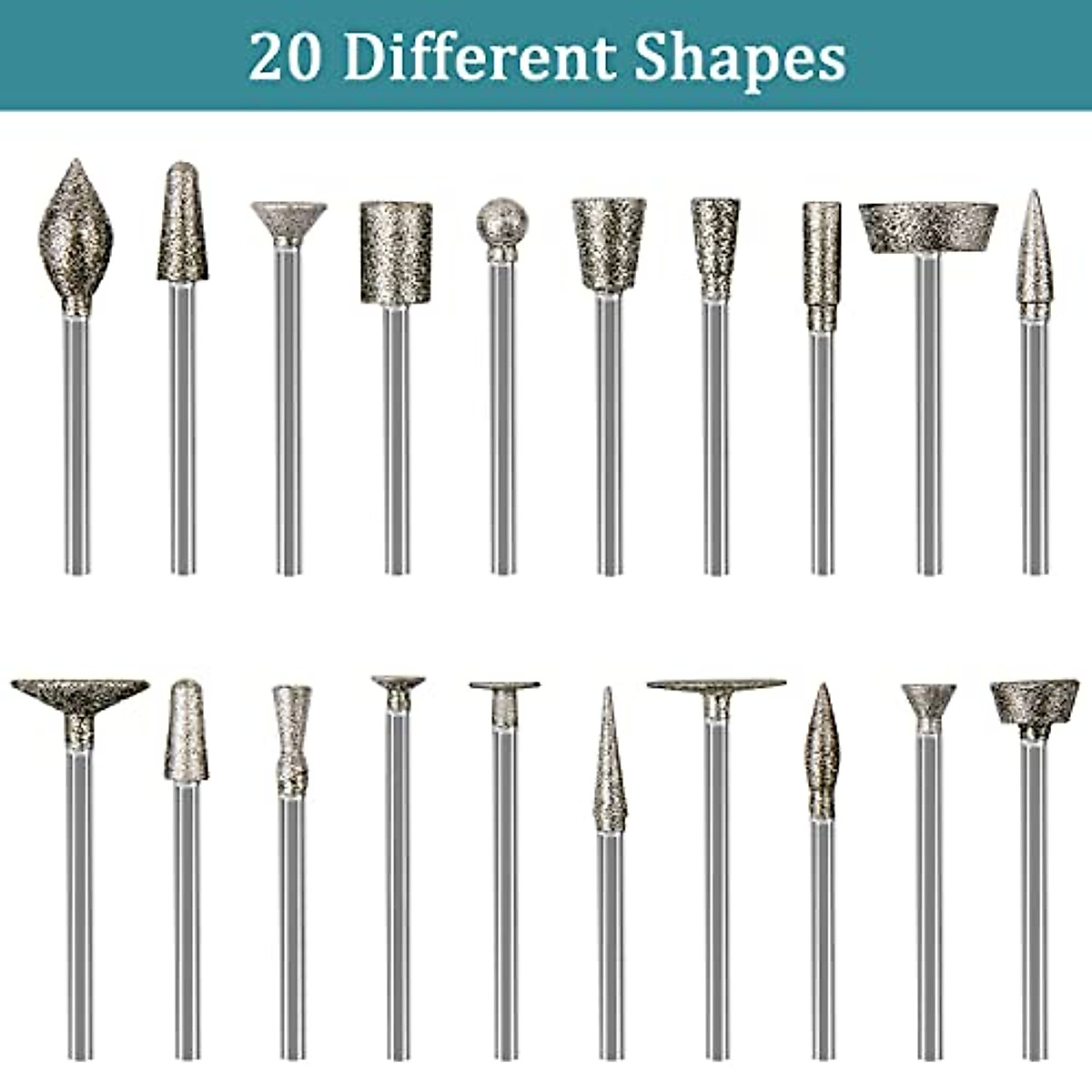 Stone Carving Set Diamond Burr Bits Compatible with Dremel, 20PCS Polishing Kits Rotary Tools Accessories with 1/8’ Shank For Carving, Engraving, Grinding, Stone, Rocks, Jewelry, Glass, Ceramics