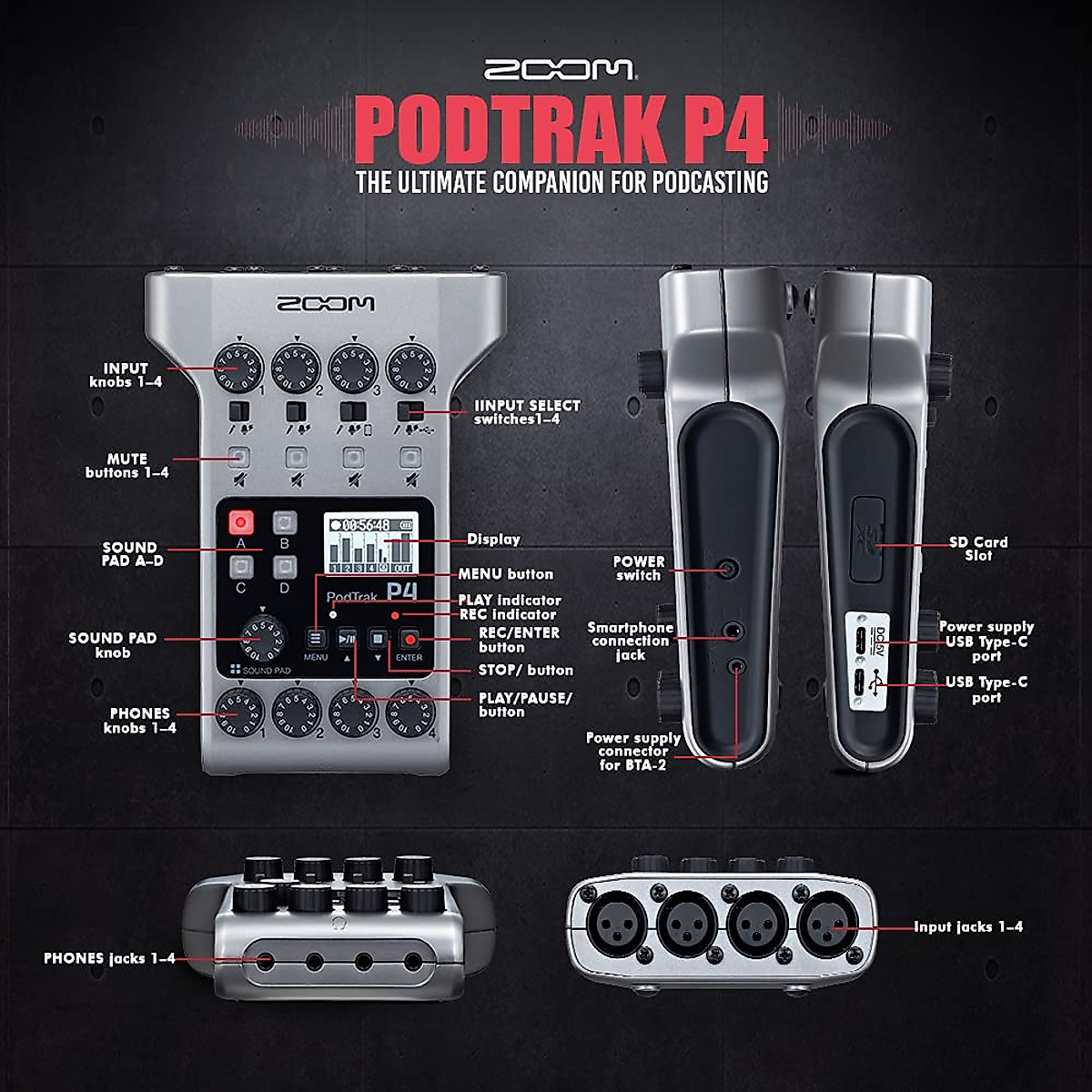 ZOOM PODTRAK P4 THE ULTIMATE RECORDER FOR PODCASTING with 64GB Memory Card, Samson R21S Dynamic Microphone, Samson SR360 Over-Ear Dynamic Stereo Headphones, and Essential Accessories Bundle