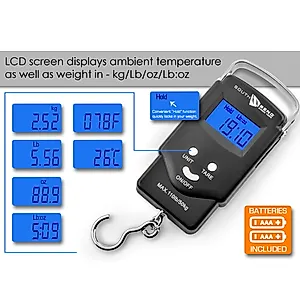 South Bend Digital Hanging Fishing Scale and Tape Measure with Backlit LCD Display, 110lb/50kg Weight Capacity (Batteries Included)