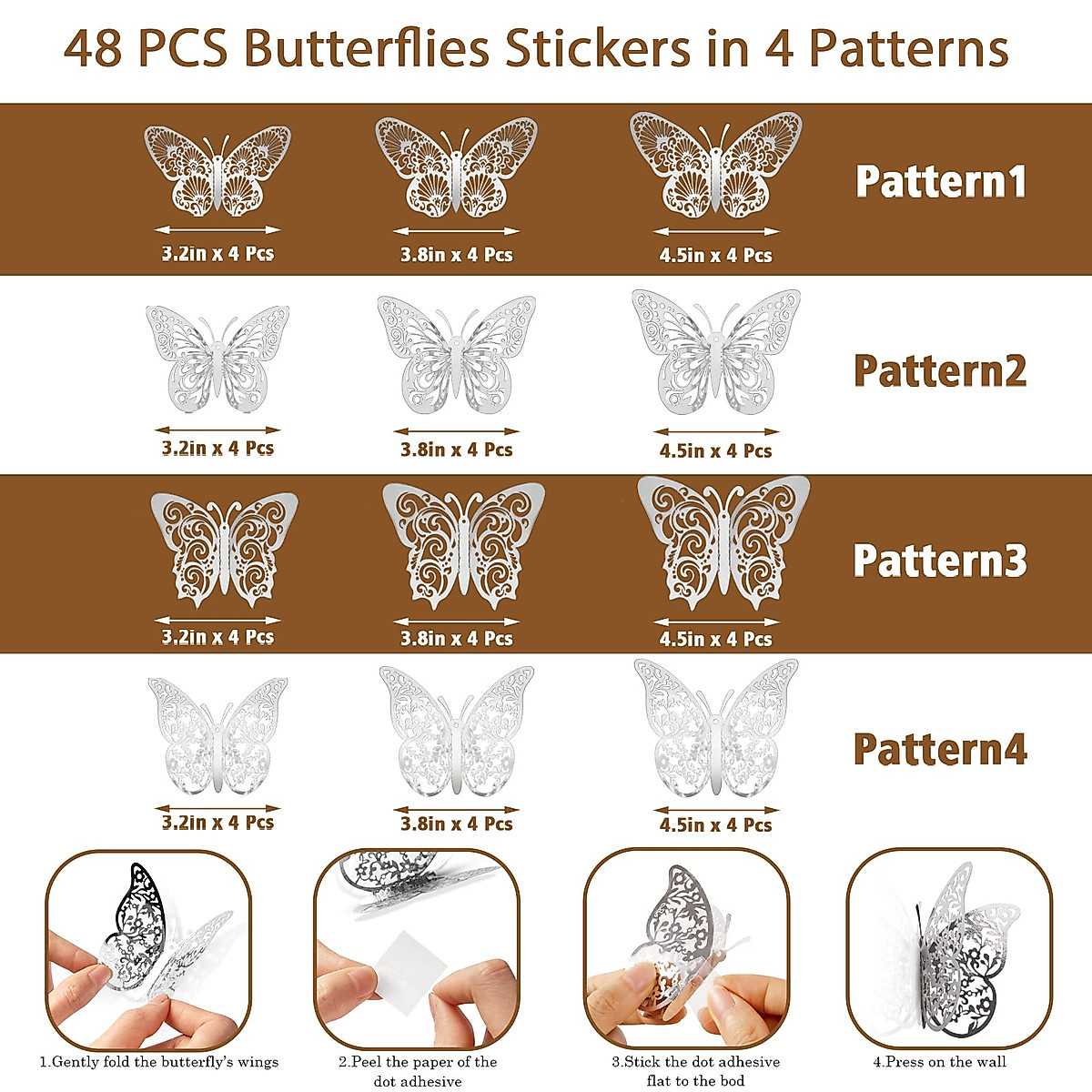 3D Butterfly Wall Decor Stickers Silver Butterfly Decorations Party, 48Pcs 4 Patterns 3 Sizes, Butterfly Cake Decorations Paper Butterflies Wall Decals for Kids Baby Nursery Room Bedroom Birthday