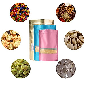 MENJITO 150 Pcs Stand-up Food Storage Bags with Window | 4.7"x7.8" Pink (50 Pcs), 5.9"x8.6" Blue (50 Pcs), 7.1"x10.2" Gold (50 Pcs) | Zip Lock Self-sealing Storage Bags | Reusable and Resealable